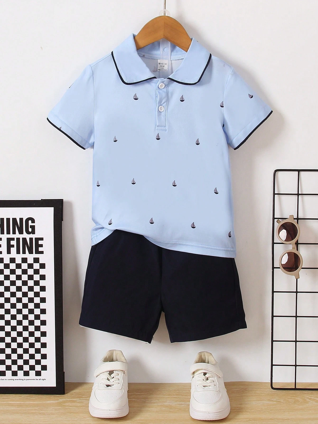 SHEIN Young Boy Sailboat Printed Polo Shirt And Shorts Set | SHEIN USA
