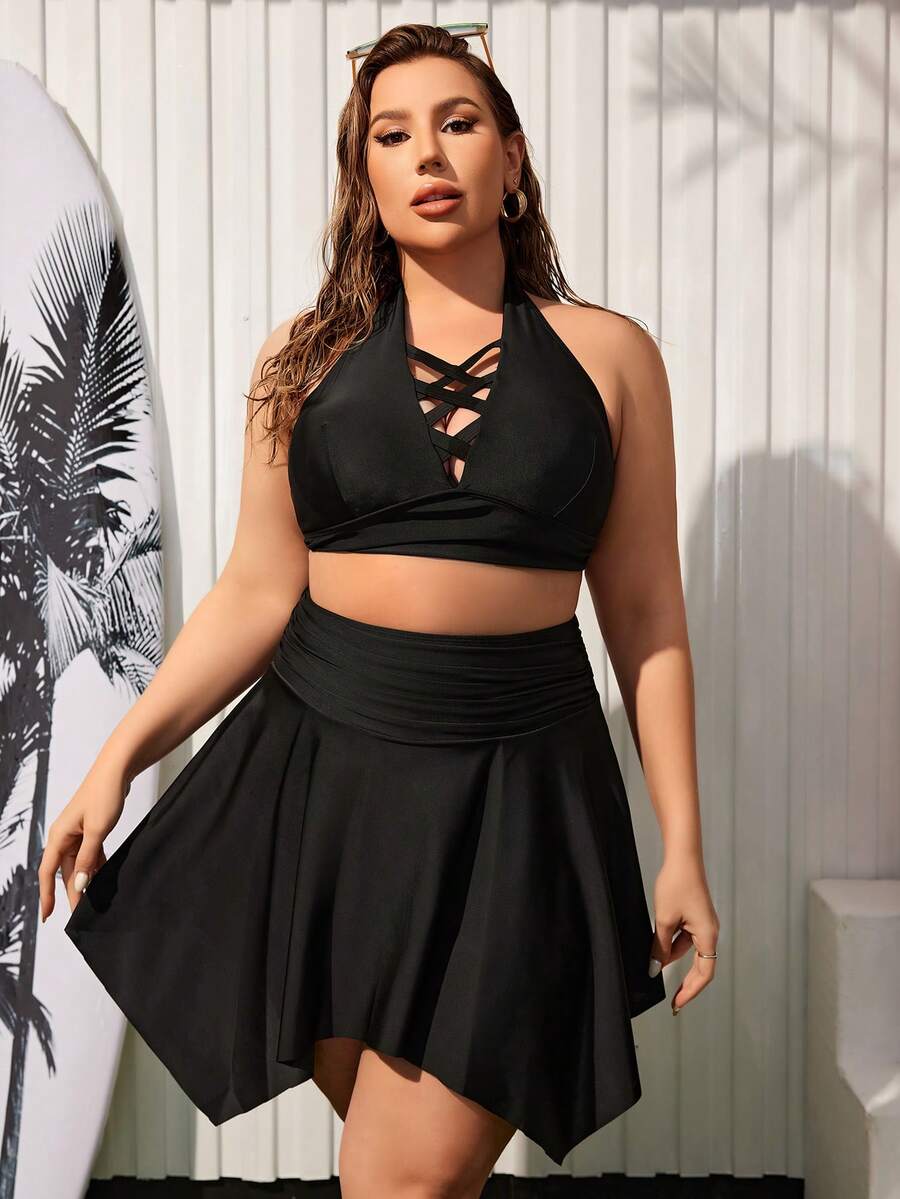 SHEIN Swim Curve Summer Beach Plus Size Solid Color Swim Skirt With ...