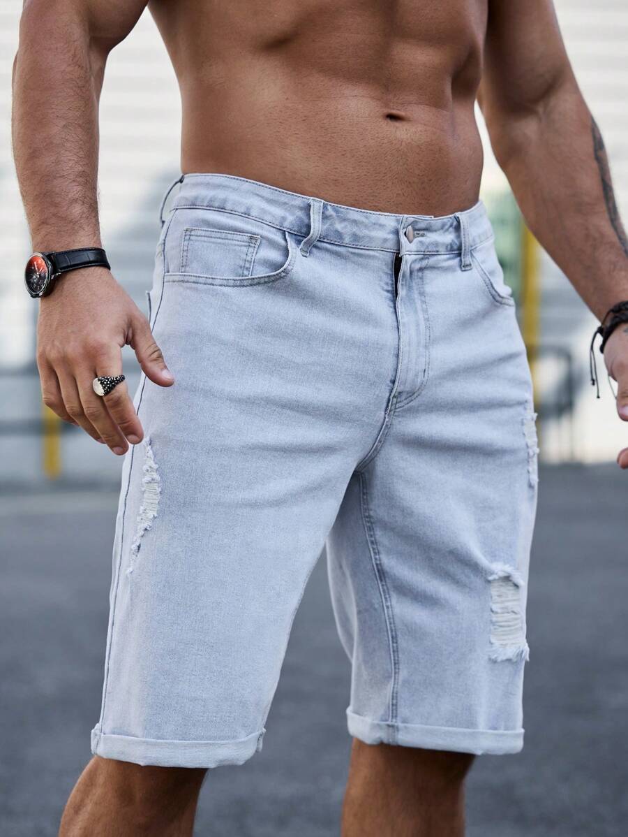 SHEIN Manfinity Homme Men's Frayed Water Wash Denim Shorts for Sale ...