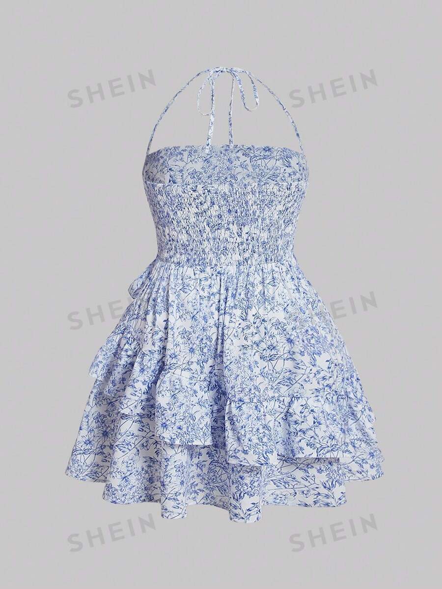 SHEIN MOD Plus Size Women's Floral Printed Ruffle Hem Halter Neck Mini ...