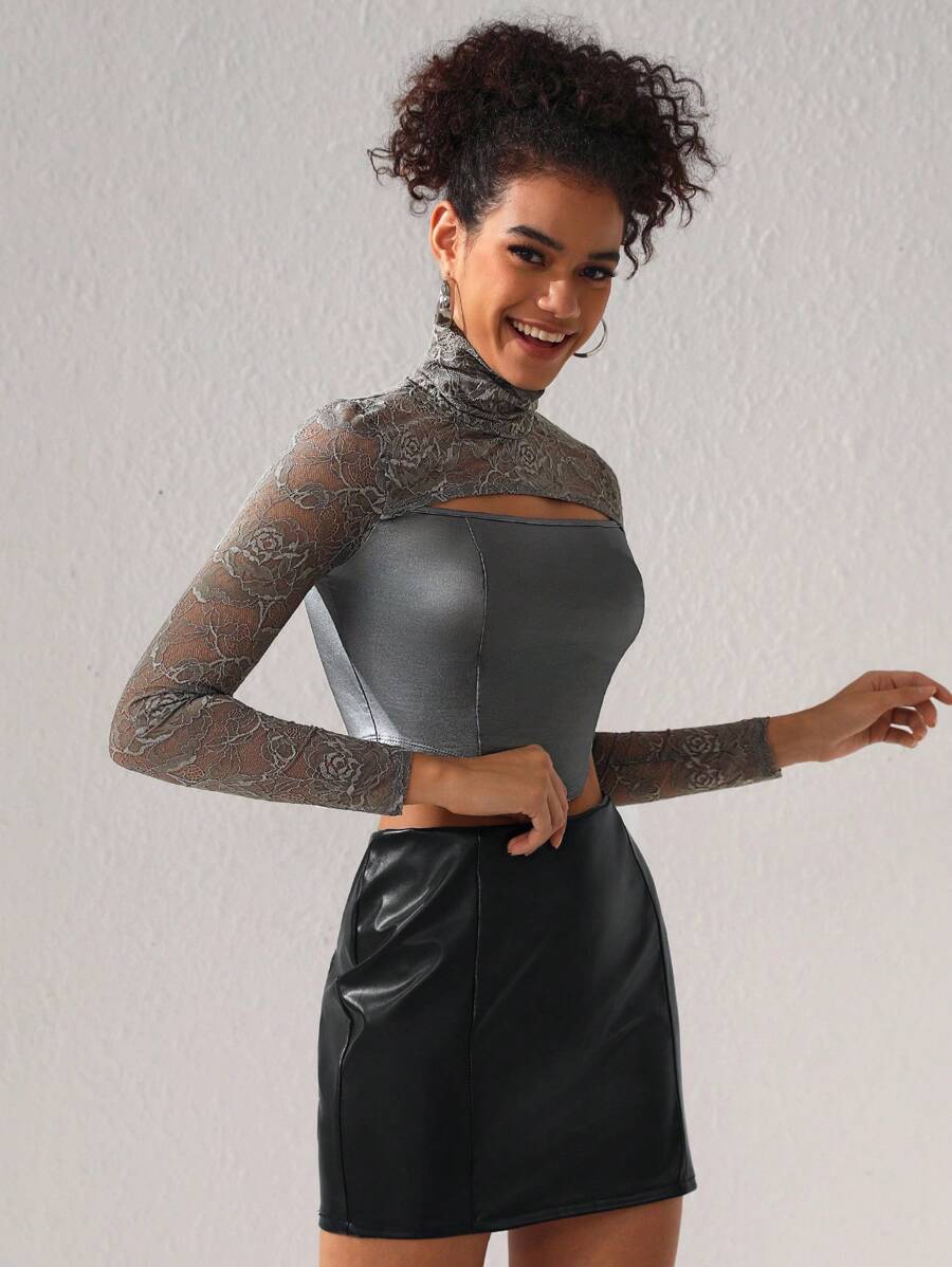 DUSTIN EDWARD ผู้หญิง ดีไซเนอร์ เสื้อครอป คอสูง ปะติด ผ้าลูกไม้ ออกแบบ ...