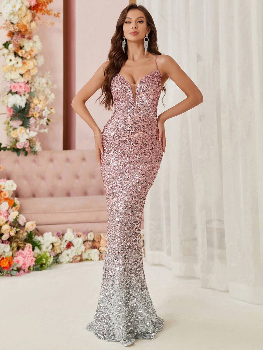 SHEIN Belle Women'S Gradient Color Sparkling Sequin Backless Ruffle ...