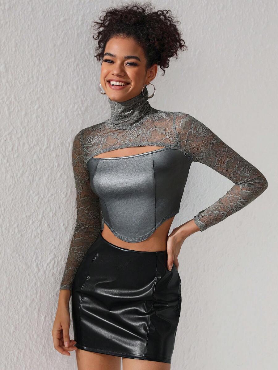 DUSTIN EDWARD ผู้หญิง ดีไซเนอร์ เสื้อครอป คอสูง ปะติด ผ้าลูกไม้ ออกแบบ ...