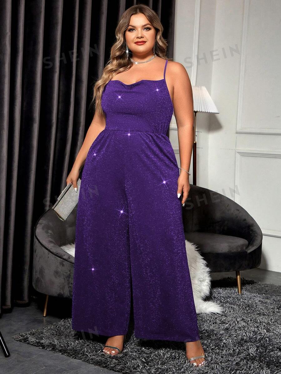 SHEIN Clasi Plus Size Cross Back Glitter Cami Jumpsuit With Draping ...