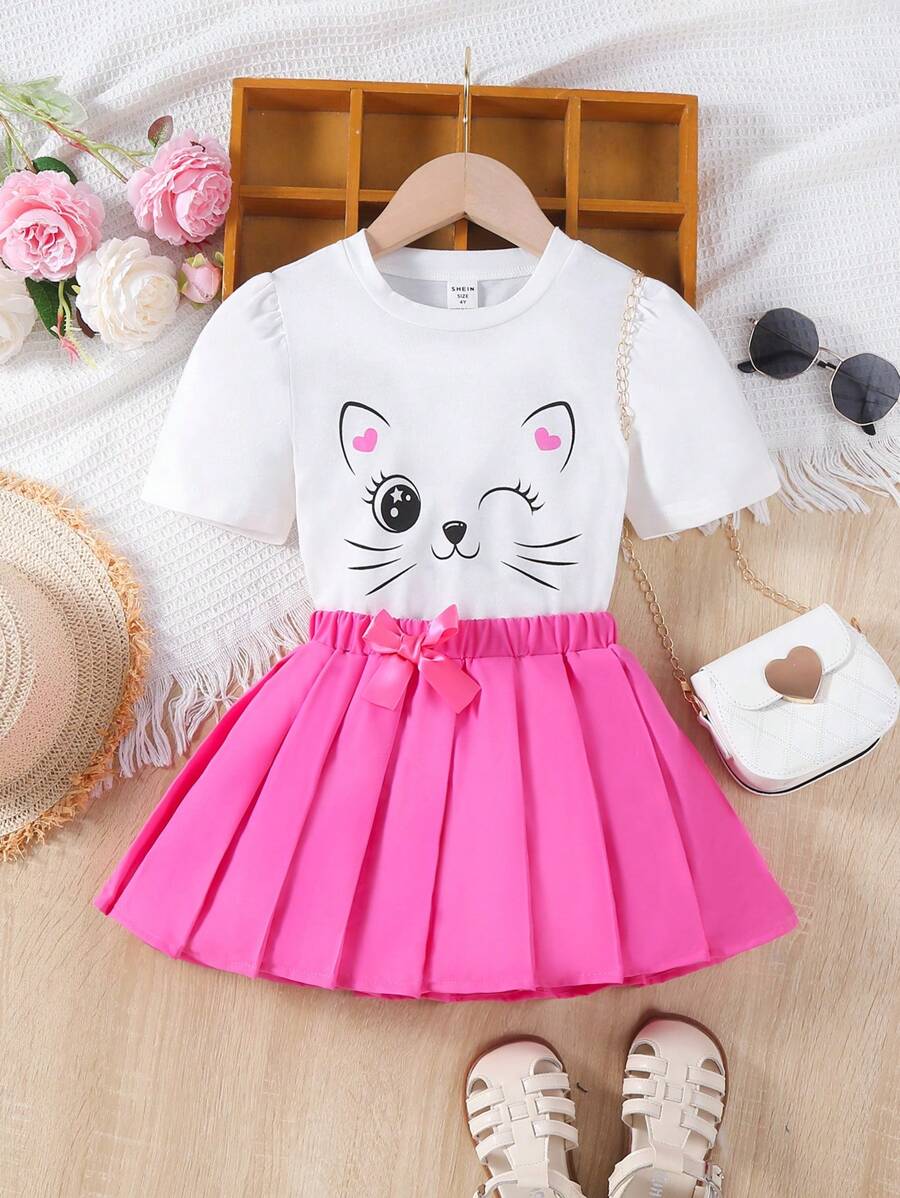 SHEIN Kids QTFun Little Girls' Cartoon Printed Top With Pleated Skirt ...