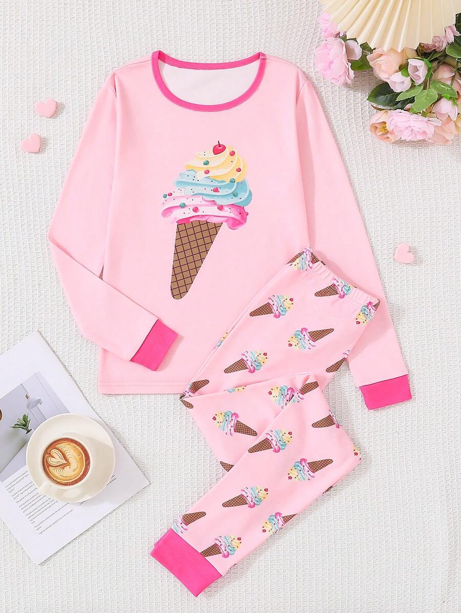 SHEIN Kids Nujoom Tween Girls Ice Cream Print Snug Fit Pajamas Set ...