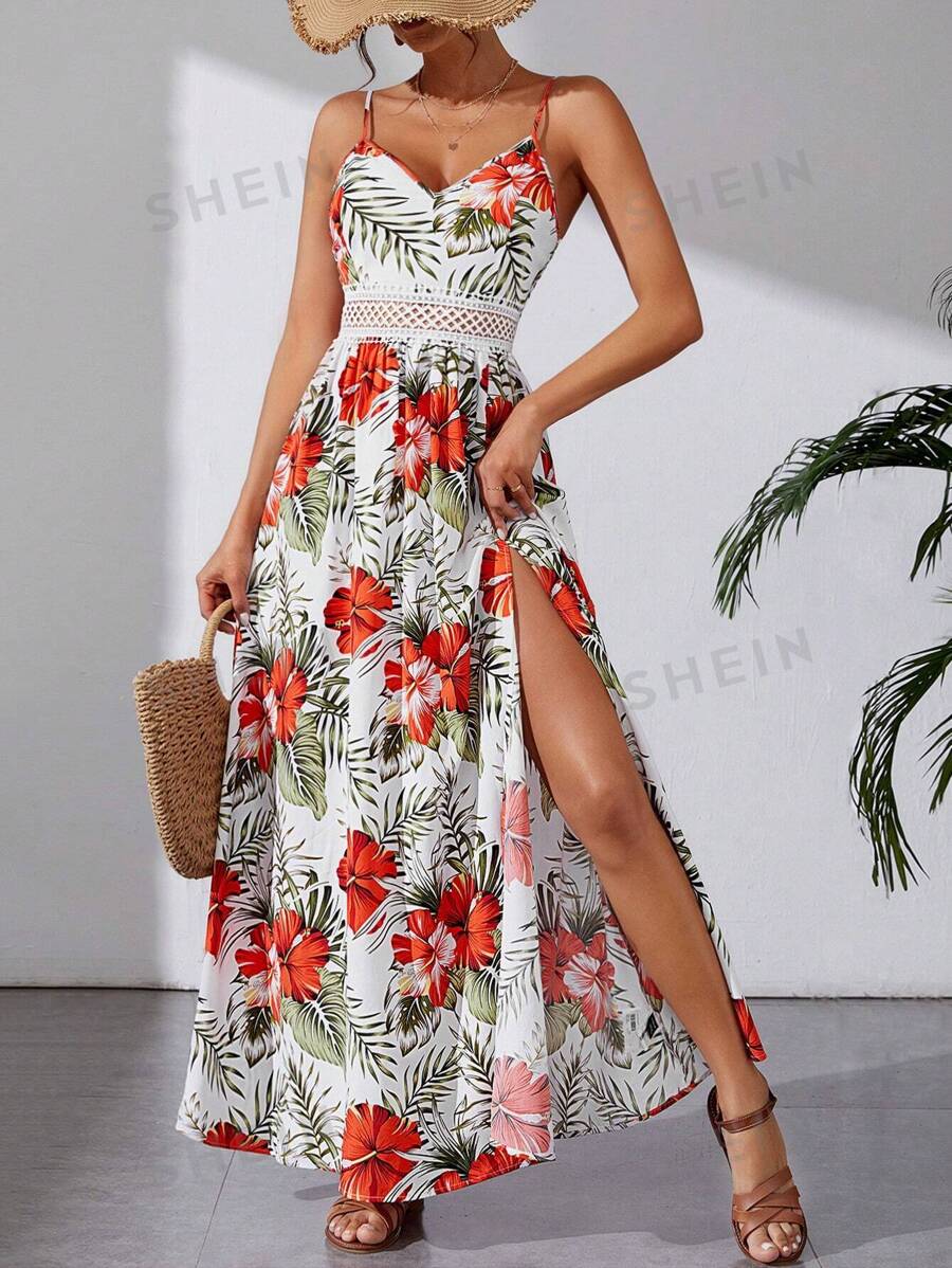 SHEIN Tall Tropical Printed Lace Insert Cami Dress | SHEIN UK