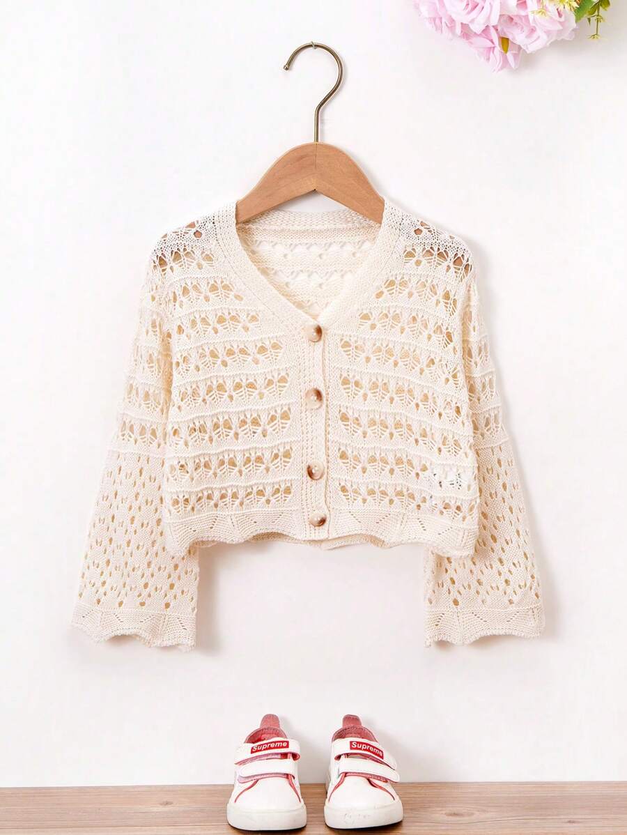 Little Girls' Knitted Button Front Cardigan With Hollow Out Design ...