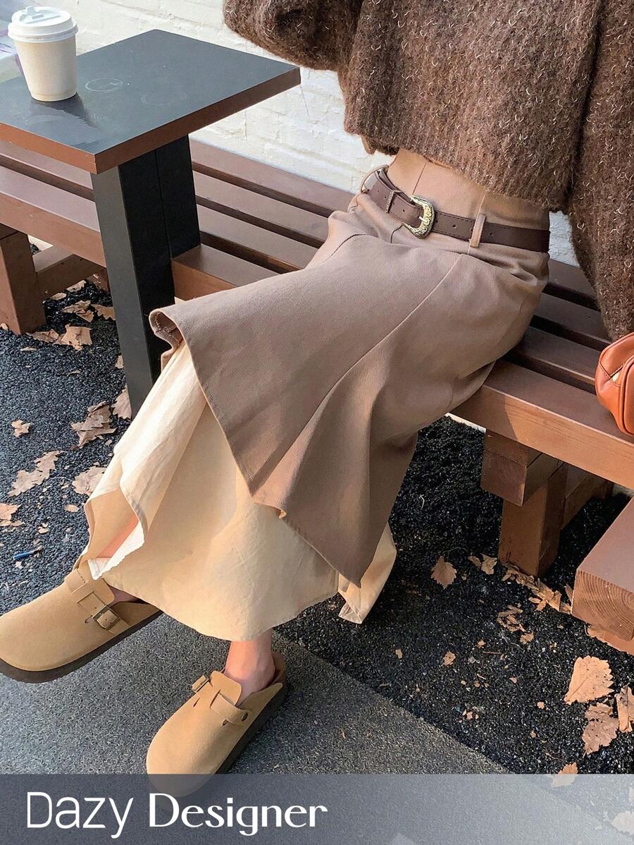 Dazy Designer Color Block Double-Layered Asymmetrical Hem Skirt | SHEIN USA