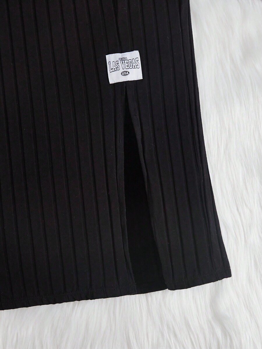 SHEIN Female Teenagers' Knitted Letters Woven Label Slit Skirt | SHEIN USA