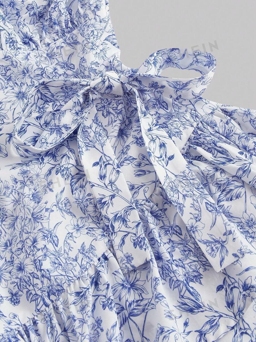 SHEIN MOD Plus Size Women's Floral Printed Ruffle Hem Halter Neck Mini ...