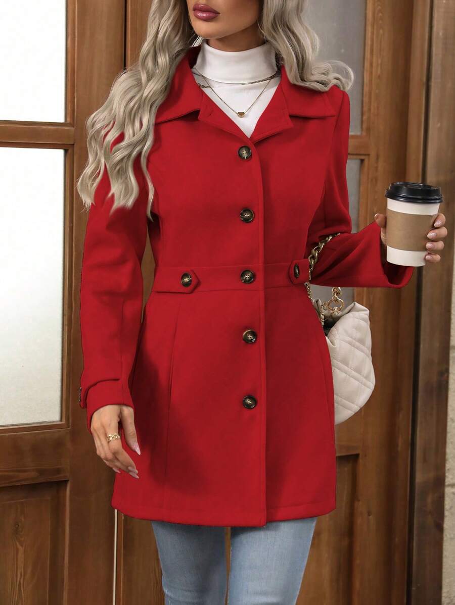 EMERY ROSE Women's Buttoned Notched Lapel Casual Woolen Overcoat With ...