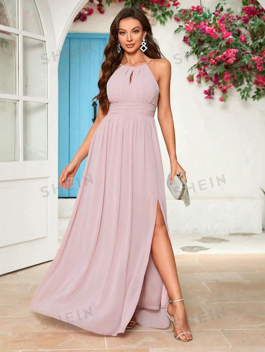 SHEIN LUNE ชุดเดรสเพื่อนเจ้าสาวผ้าชีฟอง สีพื้น มีช่องเปิดด้านข้าง และเอวรูดรัด | SHEIN TH