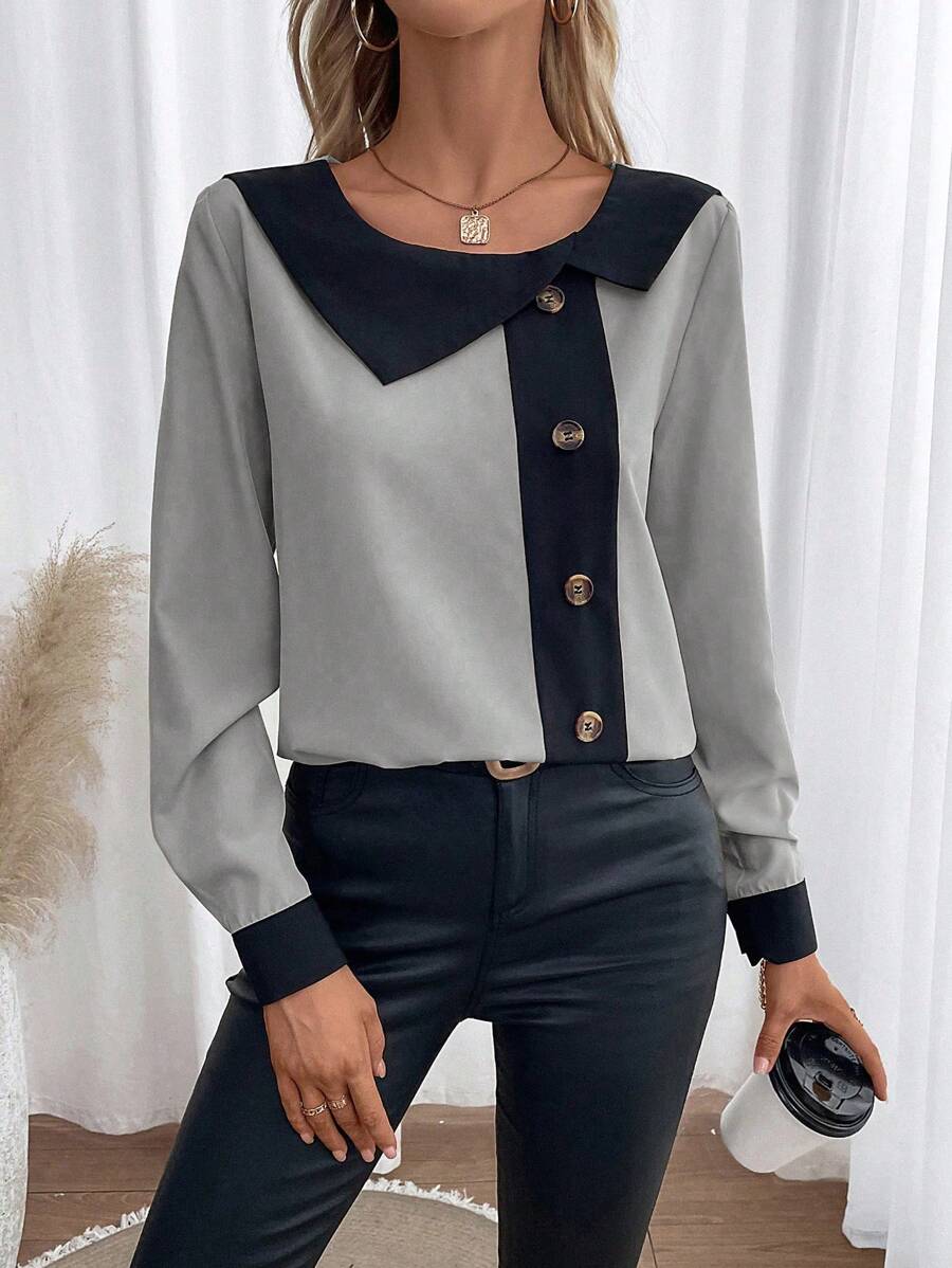 Women's Color Block Asymmetrical Collar Button Front Shirt | SHEIN USA