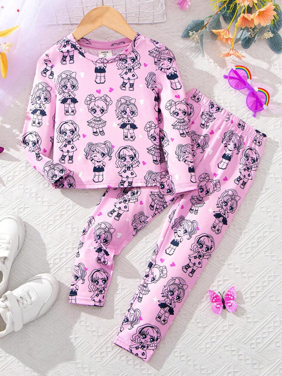 SHEIN Young Girl Snug Fit Casual Knit Pyjamas Set With Cartoon Printed ...