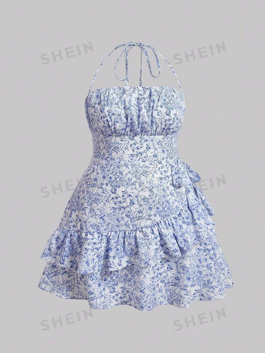 SHEIN MOD Plus Size Women's Floral Printed Ruffle Hem Halter Neck Mini ...