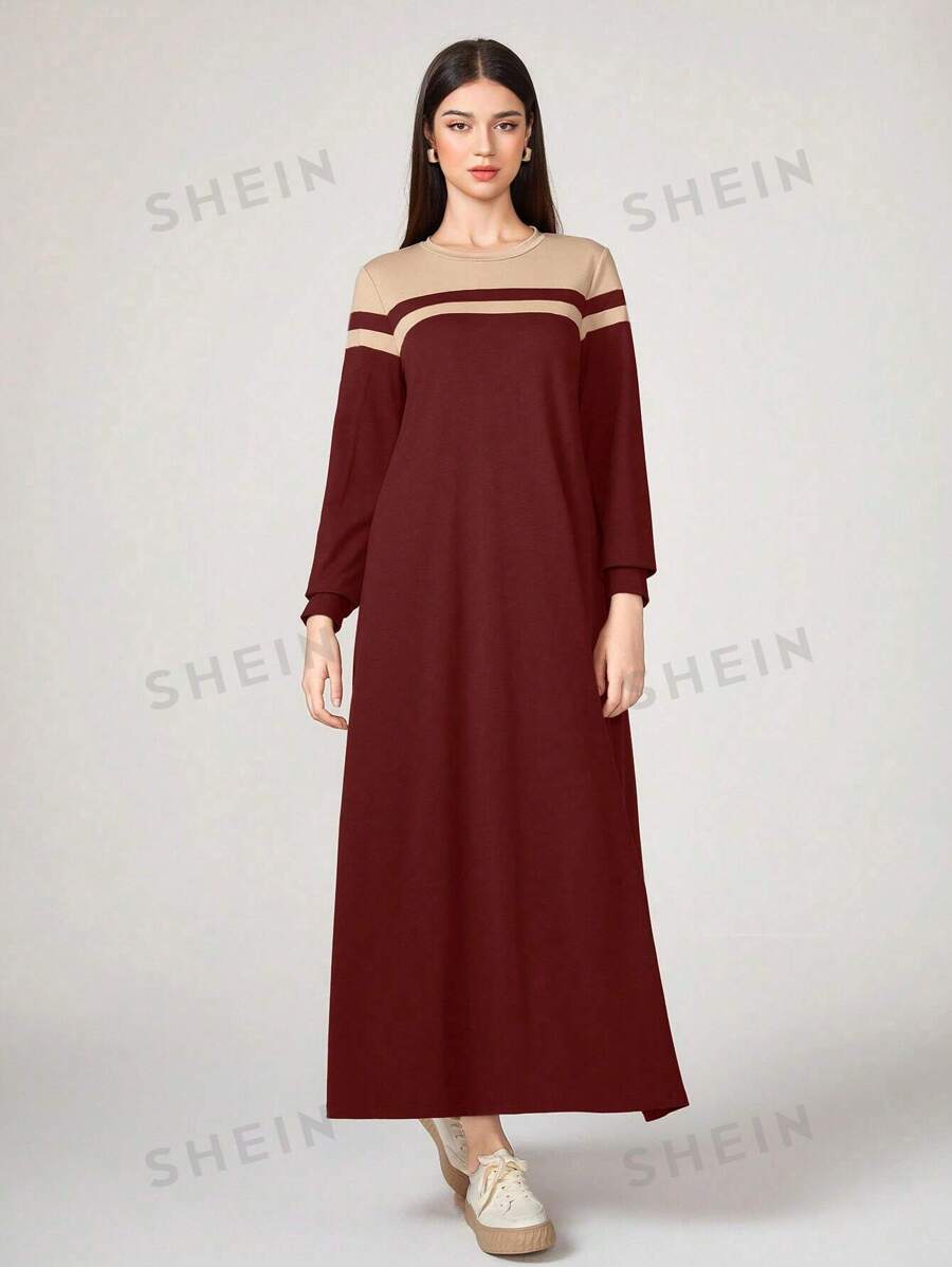Shein Mulvari Womens Color Block Long Sleeve Arabic Style Maxi Dress