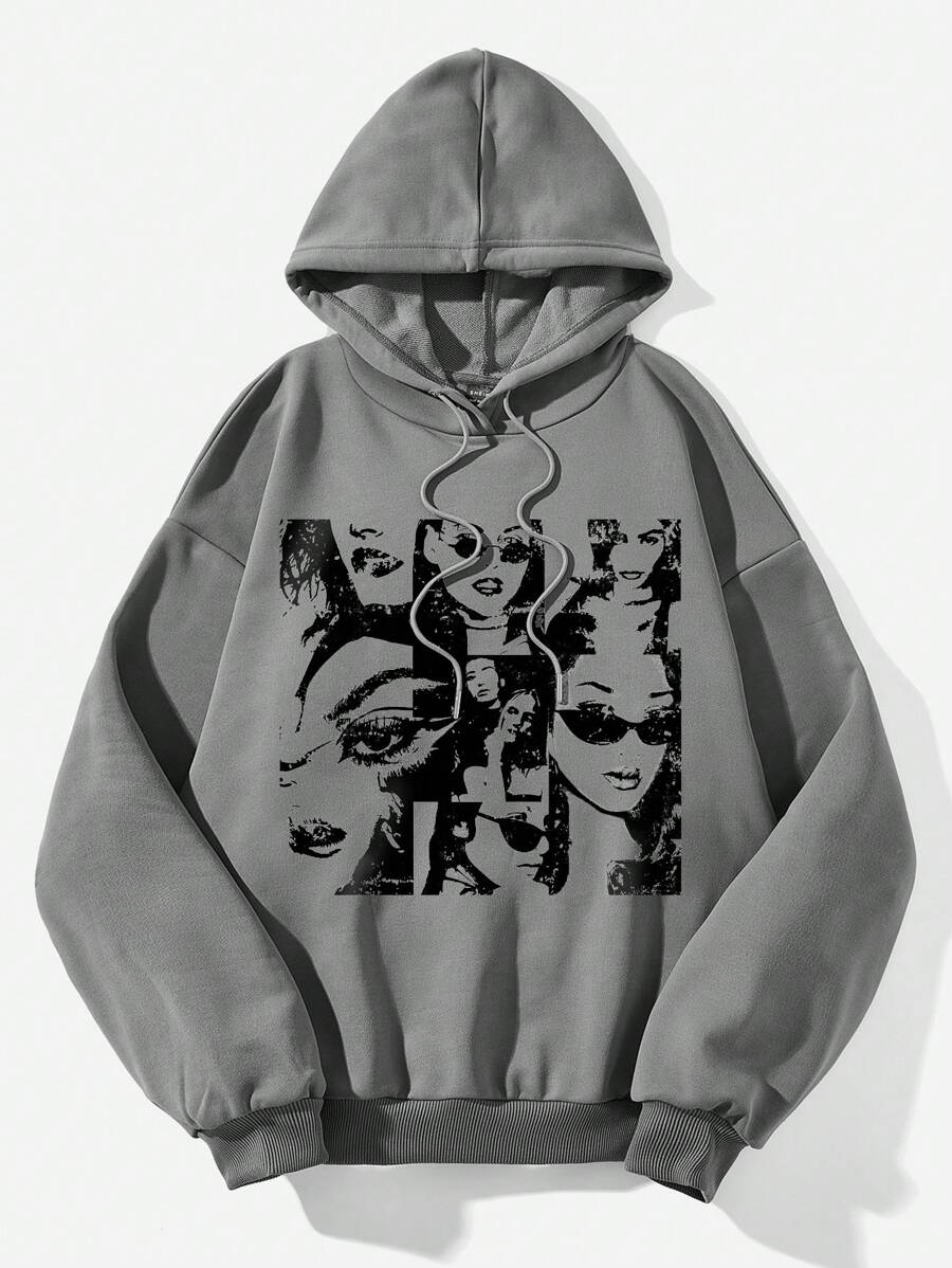 SHEIN EZwear Women Portrait Graphic Print Casual Loose Pullover Hoodie ...