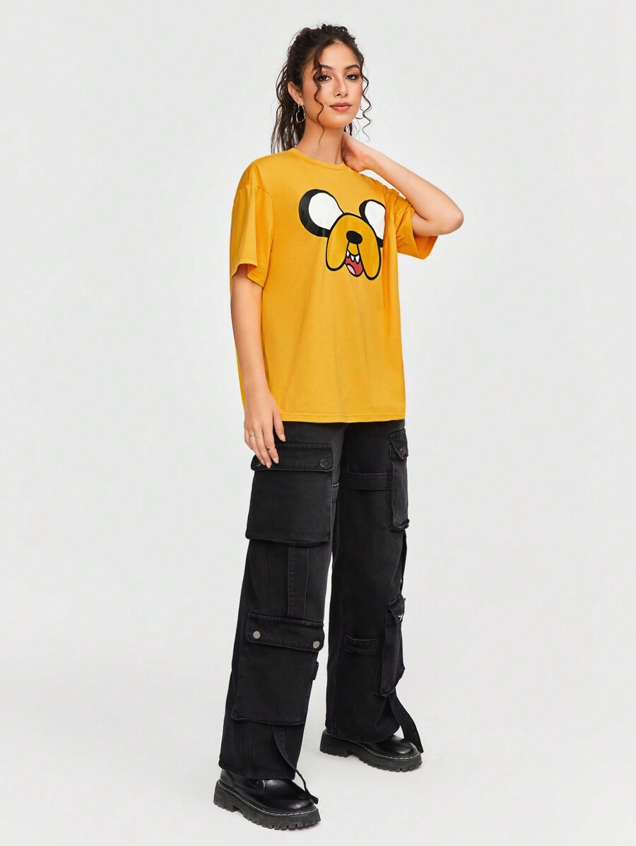 ADVENTURE TIME X SHEIN Cartoon Graphic Round Neck Yellow Cute T-Shirt ...