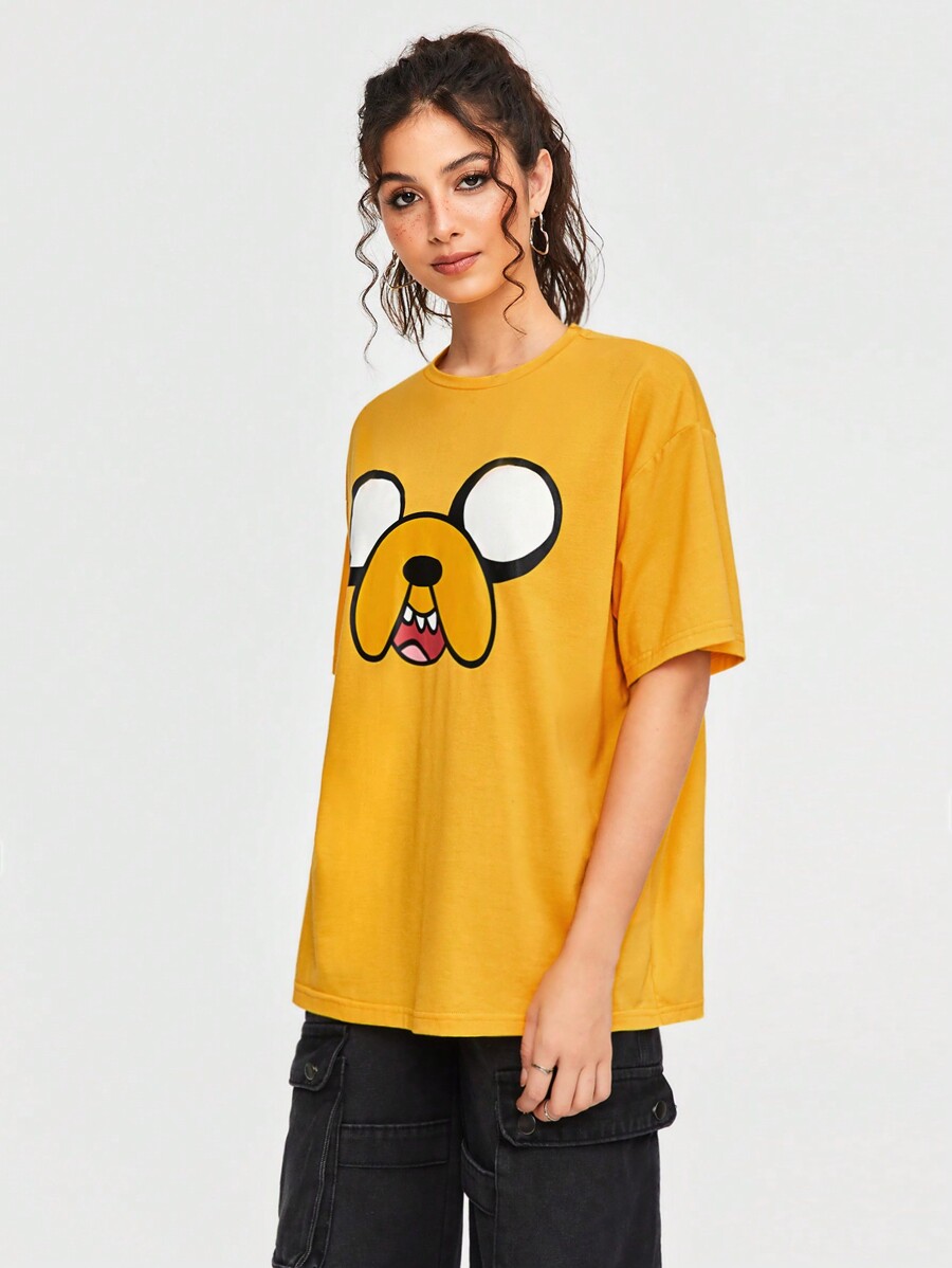 ADVENTURE TIME X SHEIN Cartoon Graphic Round Neck Yellow Cute T-Shirt ...