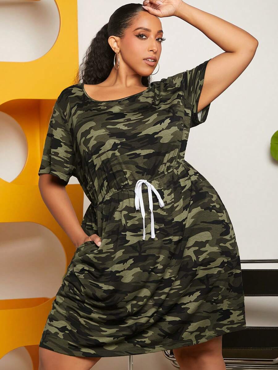 SHEIN CURVE+ Plus Size Camouflage Print Dress With Hidden Pockets ...
