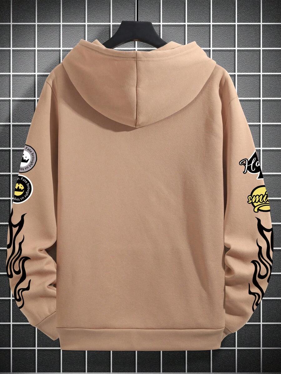 Manfinity EMRG Men's Flame Letter Printed Loose Fit Fleece Hoodie With Drawstring Closure for ...