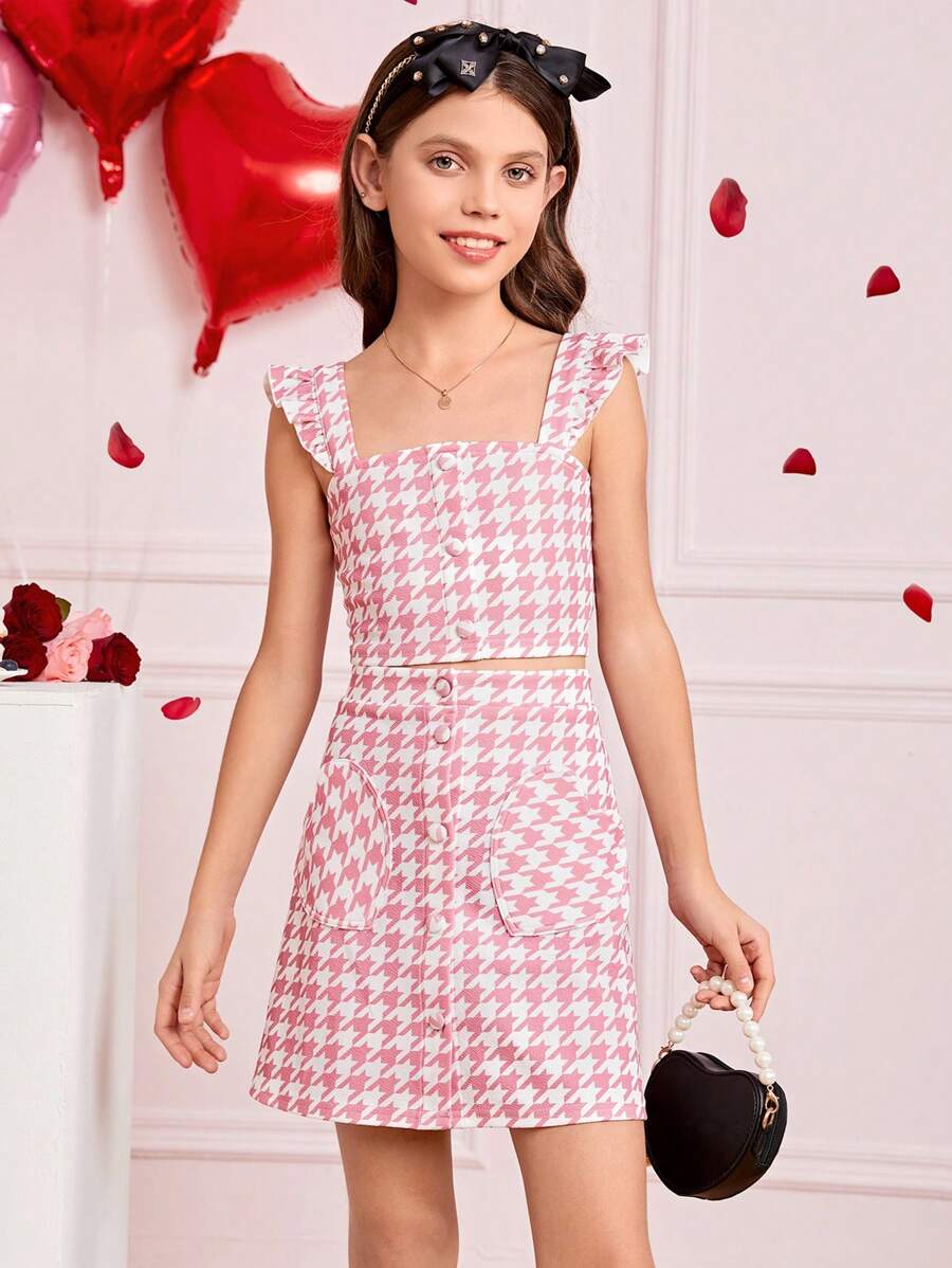 Tween Girls' Knitted Houndstooth Print Cami Top With Ruffles And Pocket ...