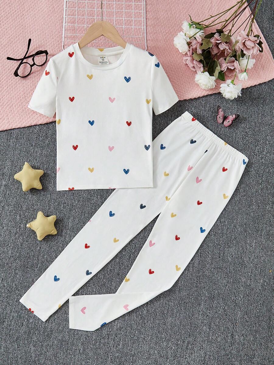 SHEIN Tween Girl Heart Patterned Top And Long Pants Snug Fit Homewear ...