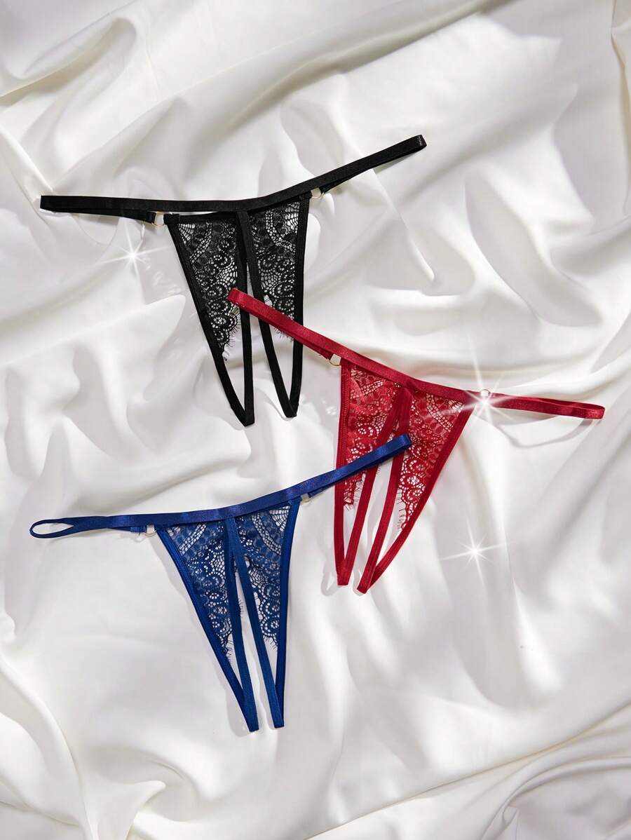 Classic Sexy 3pcs Sexy Lace Open Crotch Thongs | SHEIN USA