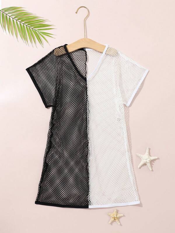 Teenage Girls' V-Neck Color Block Sheer Mesh Maxi Dress | SHEIN UK