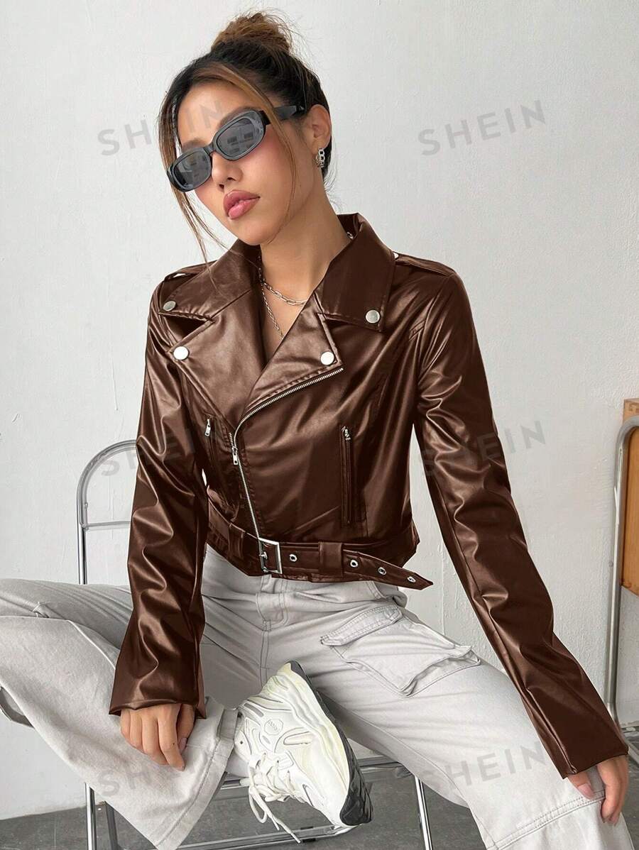 SHEIN EZwear Women'S Zip-Front Belted Motorcycle Pu Leather Jacket ...