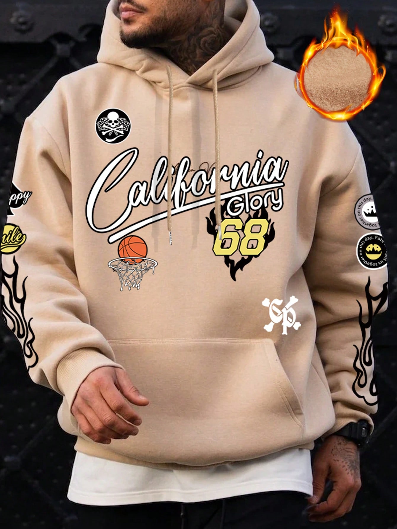 Manfinity EMRG Men's Flame Letter Printed Loose Fit Fleece Hoodie With ...