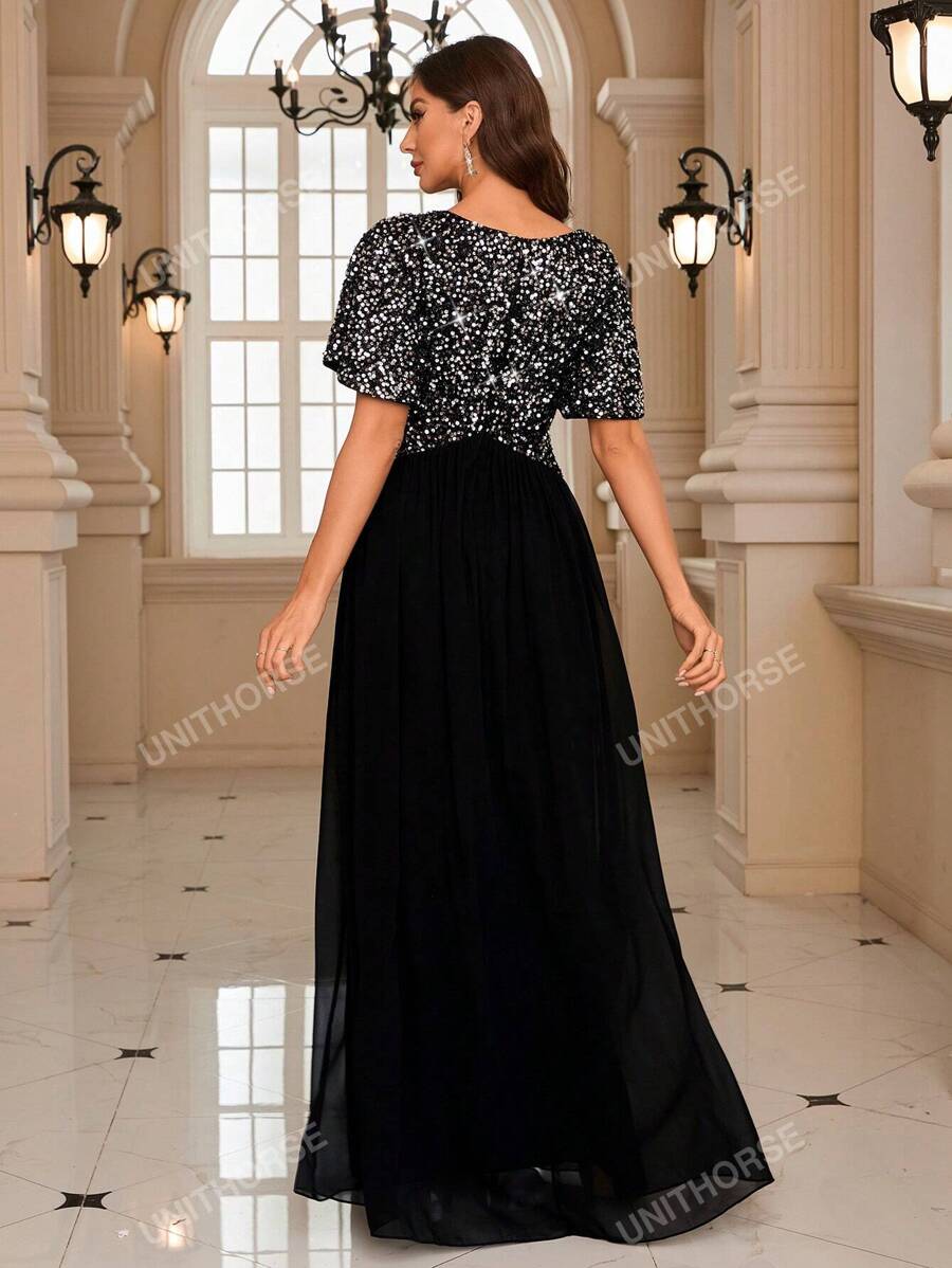 UNITHORSE Robe de soirée élégante noire avec manches à volants ...