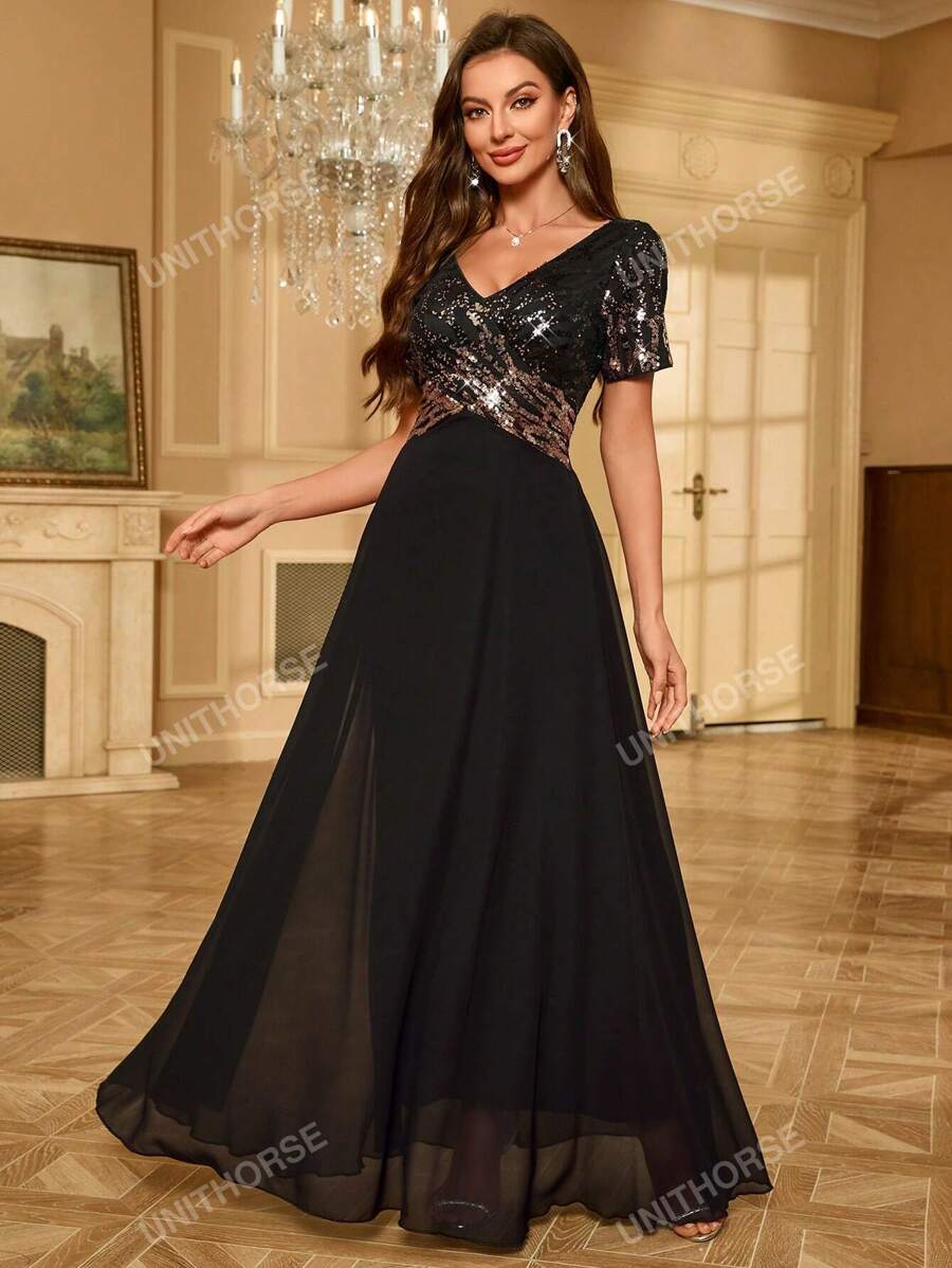 UNITHORSE Sparkle Sequin Splicing Chiffon Formal Evening Party Dress ...