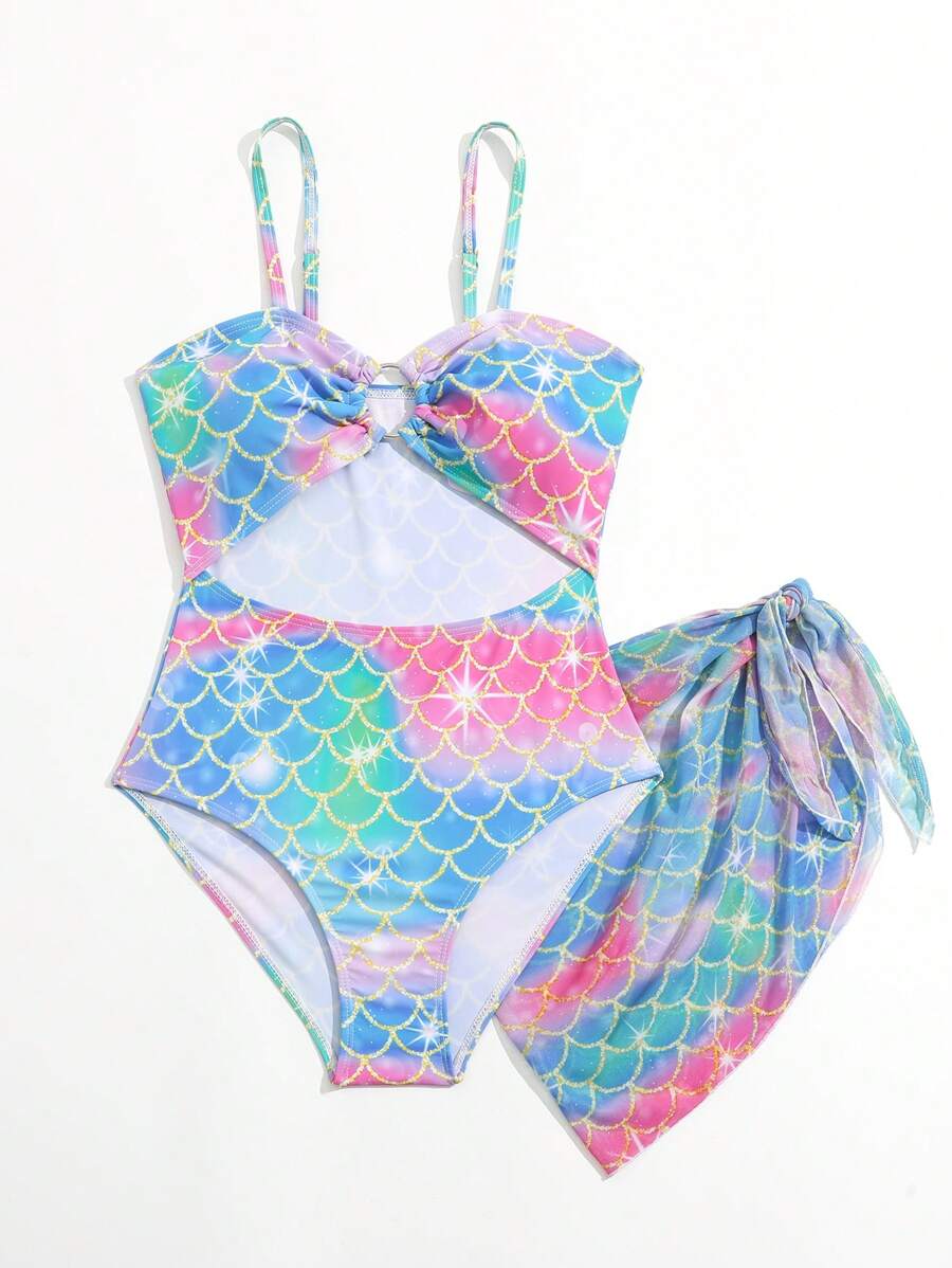 Tween Girls' Mermaid Scale Printed Hollow Out One Piece Swimsuit With ...