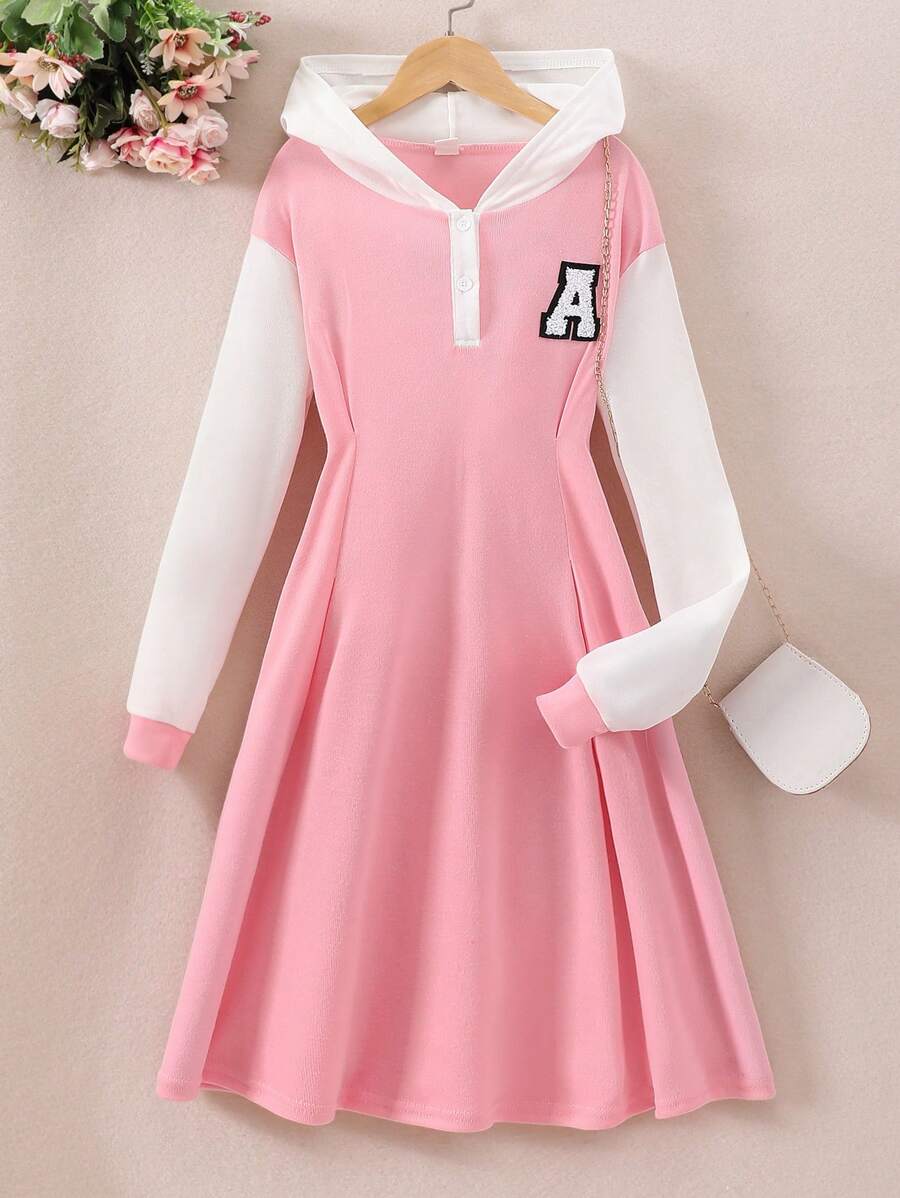 Teen Girls' Hooded Patchwork Dress With Letter Patch Applique Detail ...