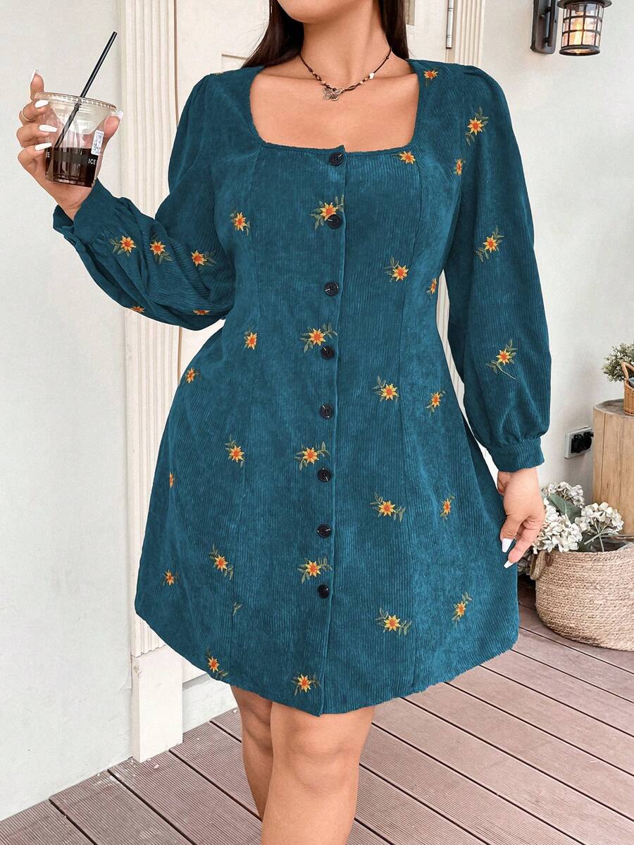 Flirla Women's Plus Size Corduroy Dress With Floral Embroidery And ...