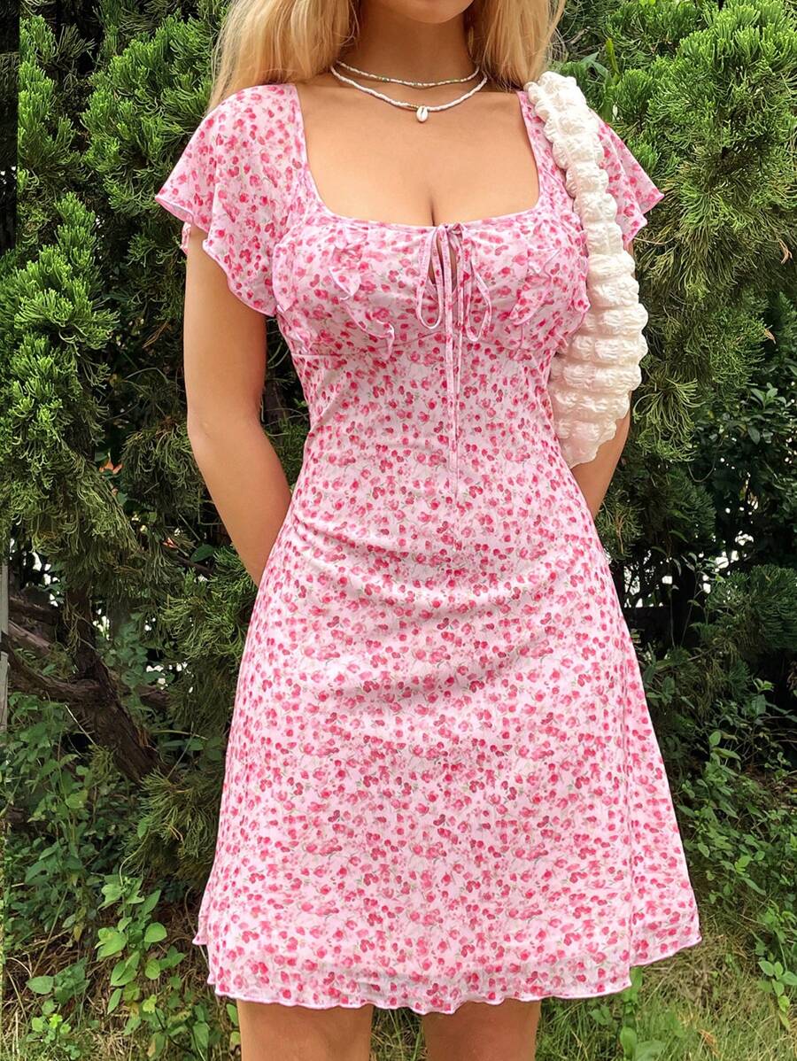 SHEIN Dreamara Women's Floral Printed Belted Ruffle Sleeve Dress | SHEIN UK