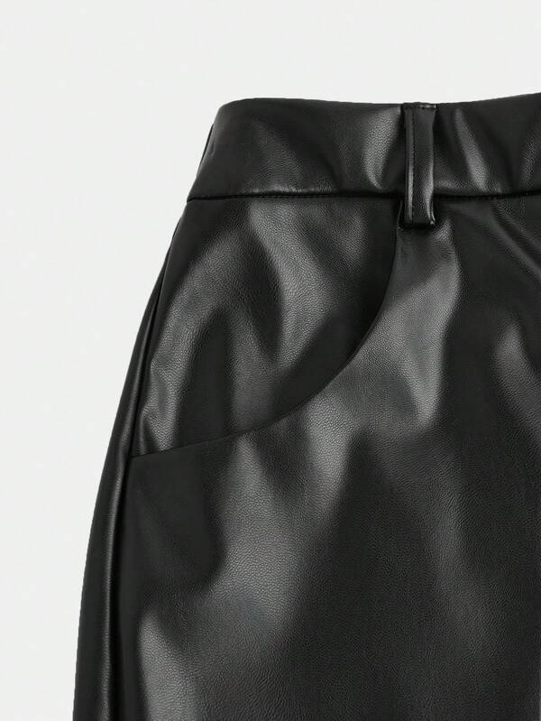 SHEIN Pu Lässige Hosen Für Weibliche Teenager Mit Schrägtaschen Und Offenem Placket | SHEIN Schweiz