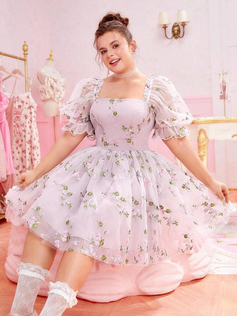 SHEIN MOD Plus Size Floral Embroidery Mesh Fabric Puff Sleeve Dress ...