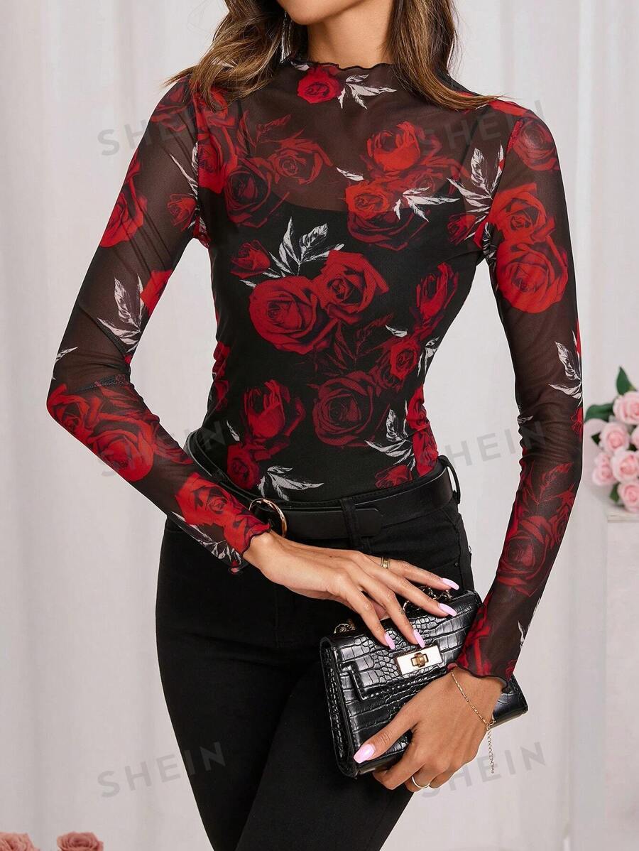 SHEIN Clasi 1pc Floral Roses Mesh Top With Ruffle Trim | SHEIN USA