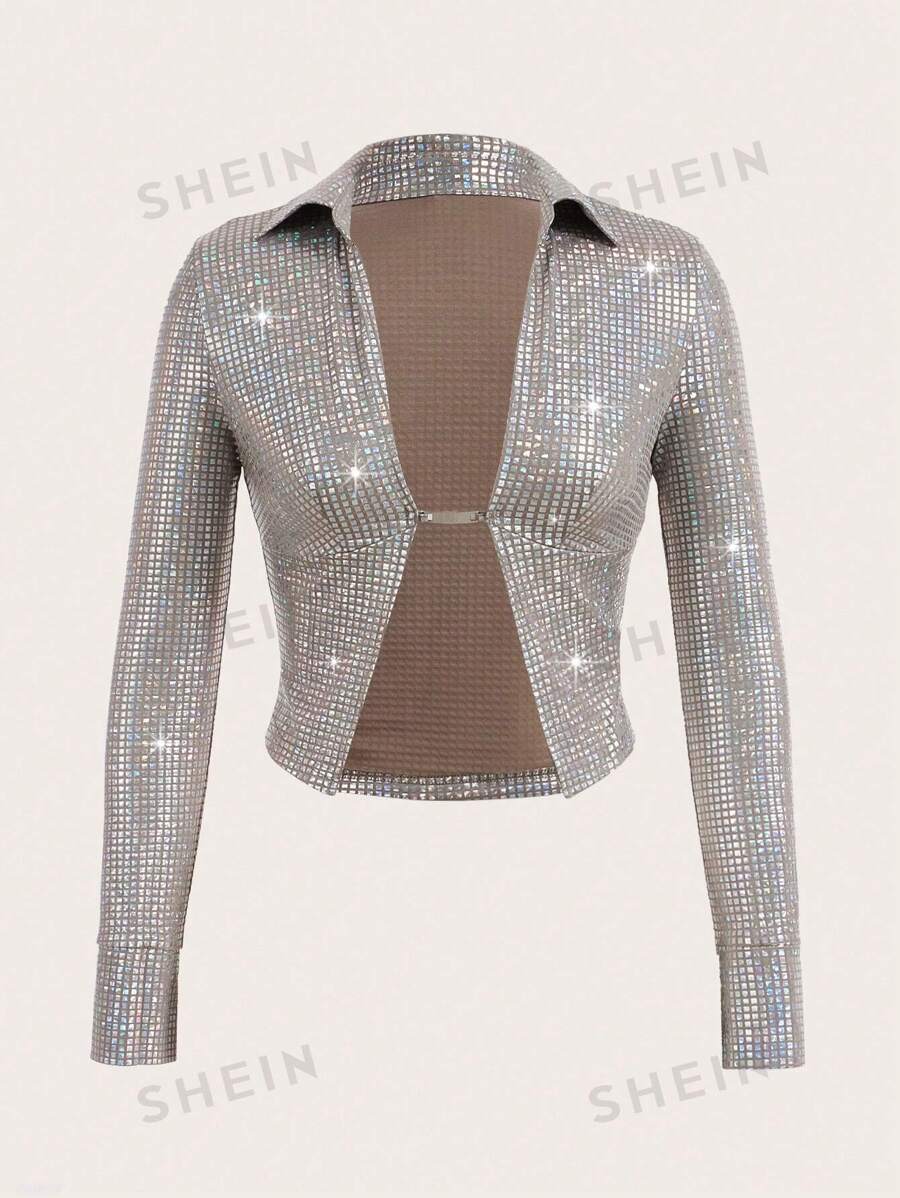 SHEIN ICON Glitter Open Front Shirt | SHEIN USA
