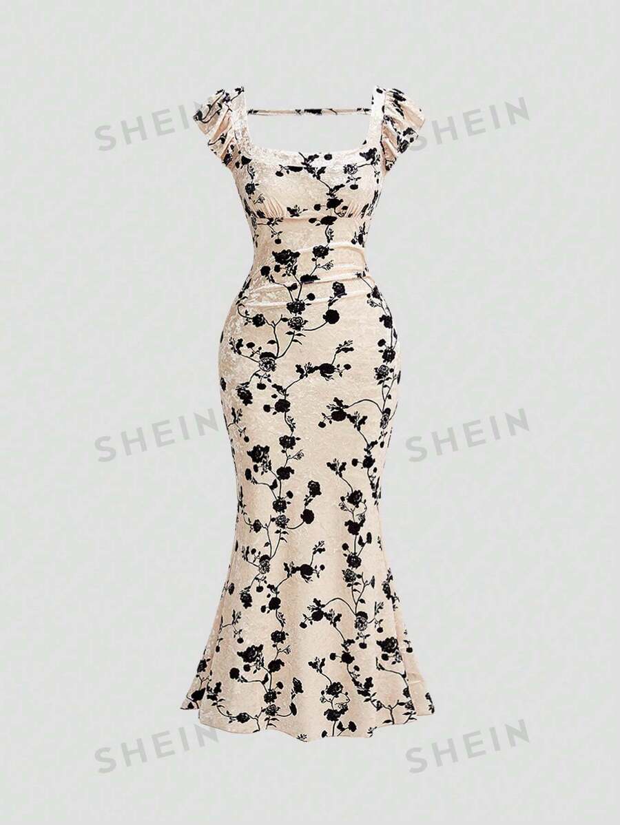 SHEIN MOD Women's Floral Print Square Neckline Fish Tail Dress | SHEIN USA