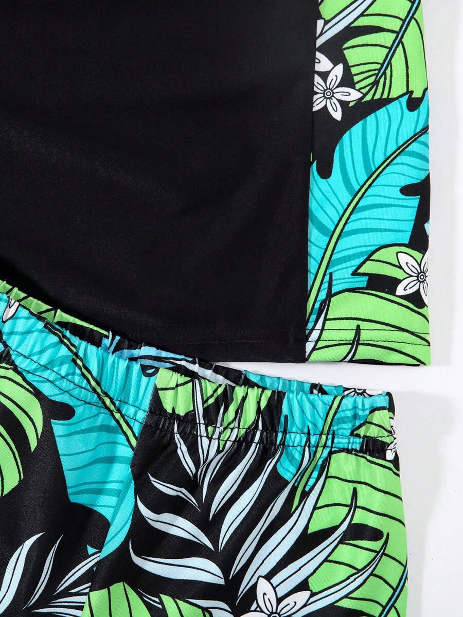 SHEIN Young Boy 2pcs/Set Casual Letter Printed Swimwear With Plant ...