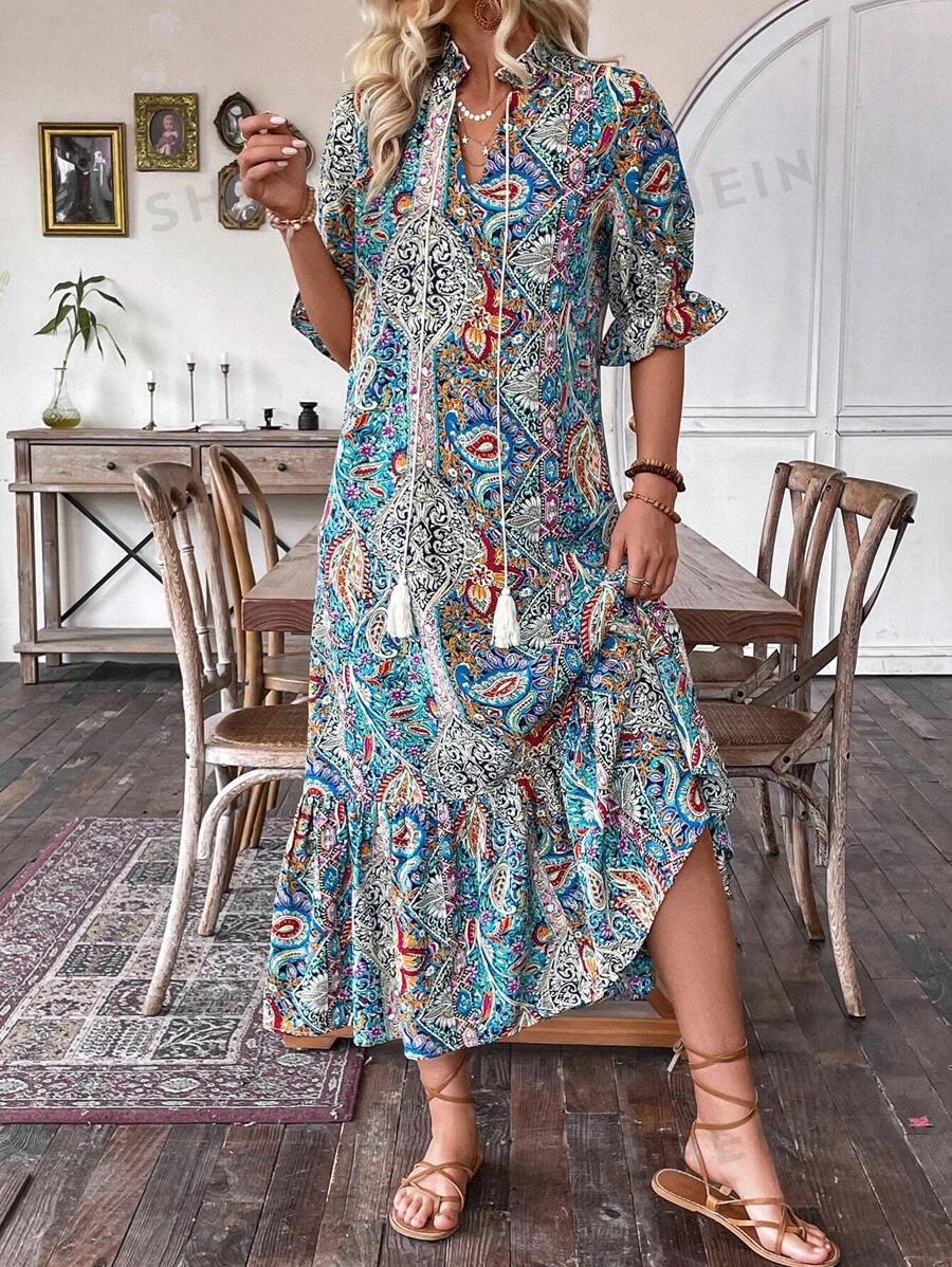 SHEIN LUNE All-Over Paisley Print Ruffled Cuffs And Hem Dress | SHEIN USA
