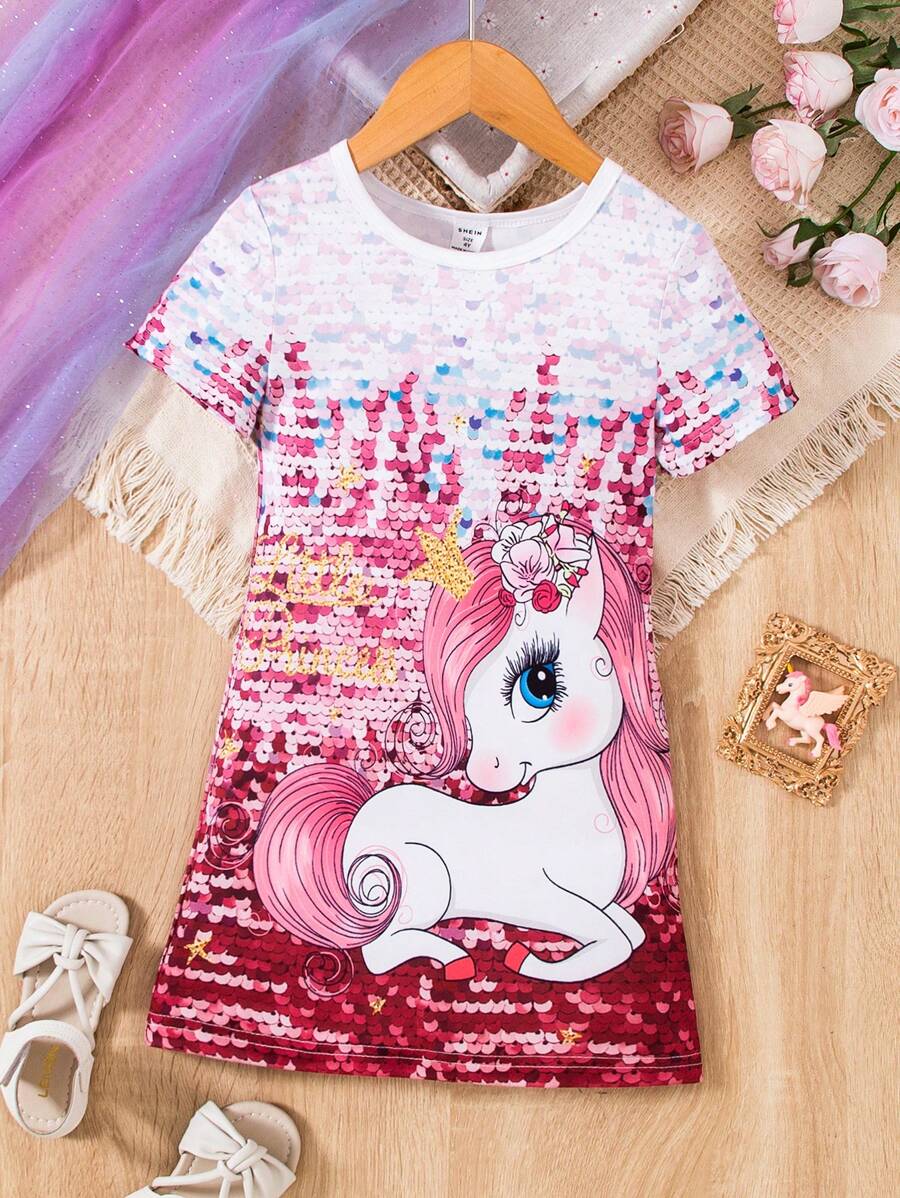 SHEIN Little Girls' Unicorn And Glitter Printed Dress | SHEIN South Africa