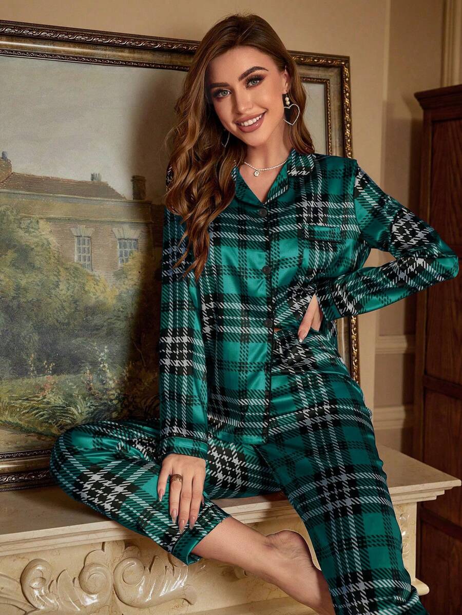 Women's Plaid Satin Sleepwear Set | SHEIN USA