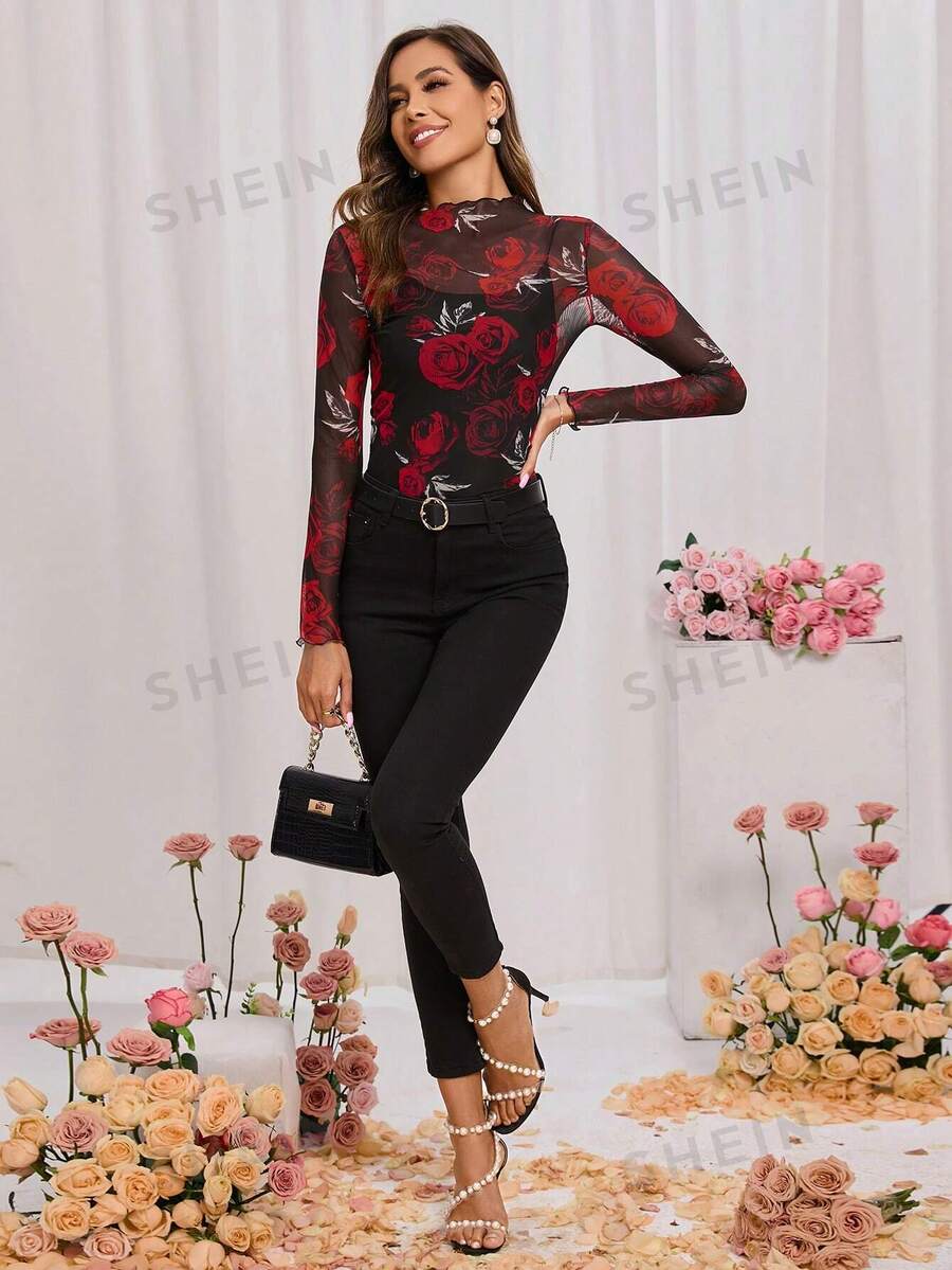 SHEIN Clasi 1pc Floral Roses Mesh Top With Ruffle Trim | SHEIN USA