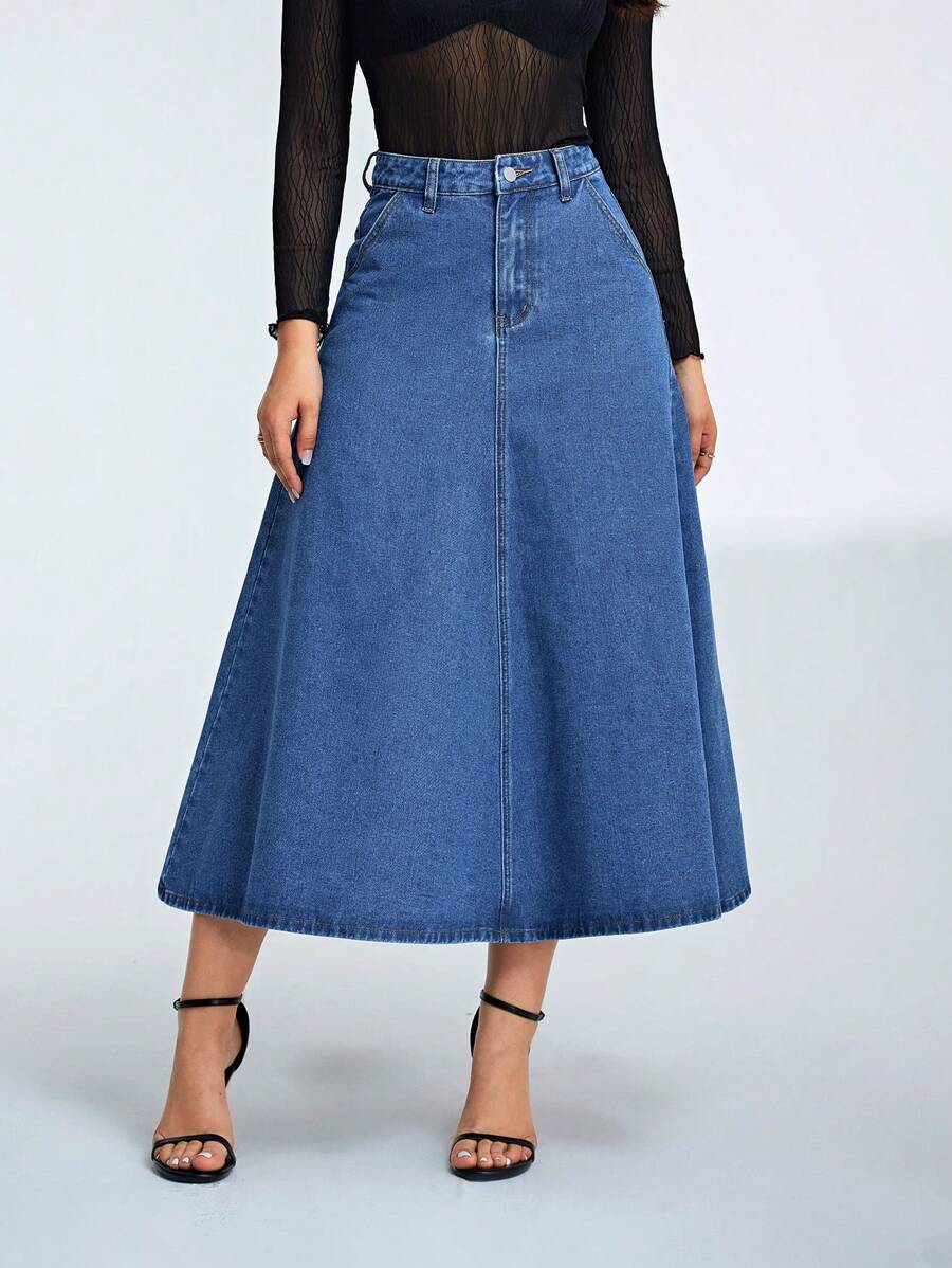 EMERY ROSE Women's Long Flare Denim Skirt | SHEIN USA