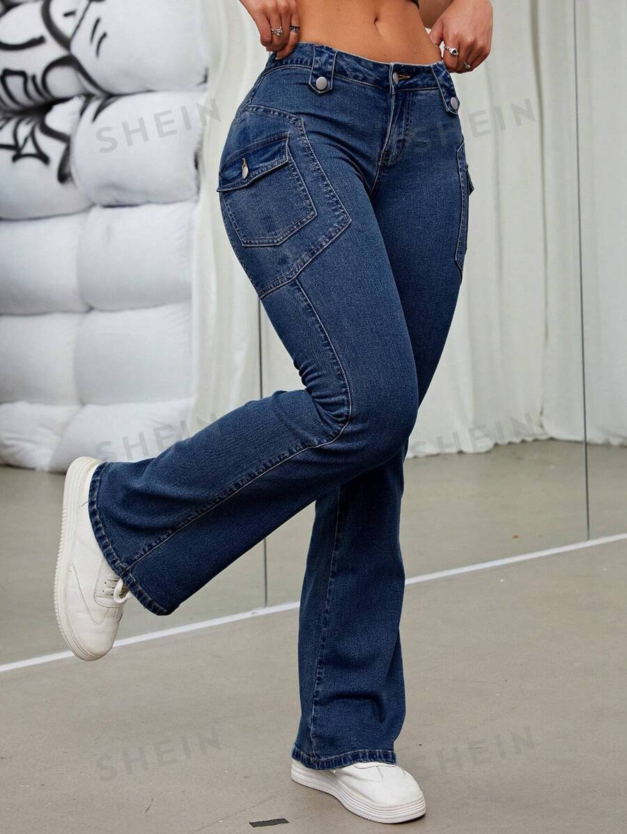 SHEIN ICON Retro Style Low Waist Cargo Denim Flare Jeans | SHEIN UK